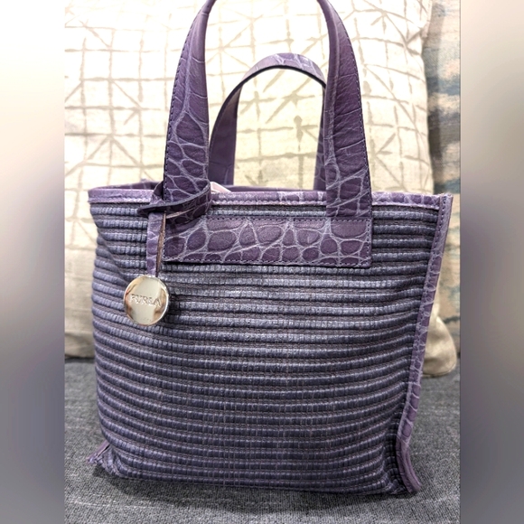 Furla | Bags | Furla Purple Croc Embossed Leatherwoven Raffia Mini Tote ...